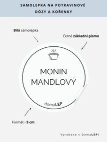 Samolepka na láhev MONIN MANDLOVÝ průměr 5 cm – bílá vinylová, voděodolná, omyvatelná samolepka na dózy, základní písmo
