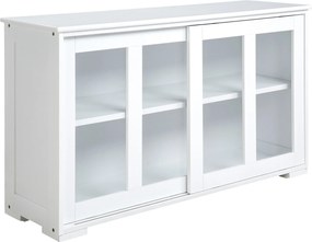 HOMCOM Moderní Kuchyňský Vysoký Stolek - Skládací Skříňka s 2 Posuvnými Skleněnými Dveřmi a Nastavitelnou Policí pro Jídelnu 107x33x62,5 cm Bílá | Aos