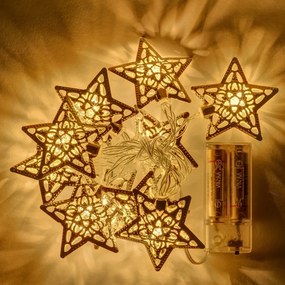LED světýlka na baterie, 1,3 m, kovové hvězdy, teple bílá, 10 diod, čirý kabel, IP20 interiér, 2× AA