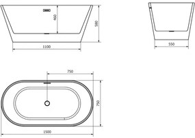 Mexen Flavia, volně stojící vana 150 x 75 cm, bílá-černá, zlatý lesklý přepad, 54031507575-50