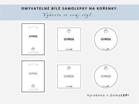 GYROS - omyvatelná samolepka na kořenky, výběr rozměrů Ø 5 cm / 5 x 5 cm / 6 x 8 cm | DomaLEP tvar: KOLEČKO, barva: BÍLÁ - ČERNÉ písmo, velikost: Ø 5 cm - tučné písmo