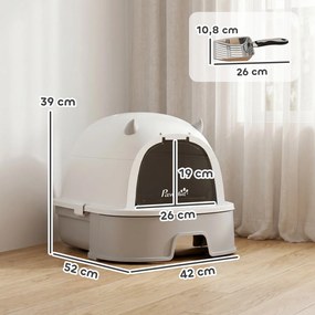PawHut velká kočičí toaleta s odnímatelným horním dílem a vyjímatelným nerezovým tácem, uhlíkové filtry, lopatka — snadné čištění, nepropustná, šedá