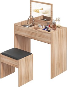 HOMCOM Toaletní stolek s taburetem a sklopným zrcadlem, 80x40x79 cm a 40x30x40 cm, přírodní | Aosom