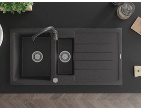 Mexen Andres 1,5-komorový granitový kuchyňský dřez s odkapávačem 100x50 cm a kuchyňská baterie Telma, černá-skvrnitá, 6515-76-670200-76