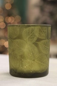 Olivově zelený skleněný svícen List 15cm
