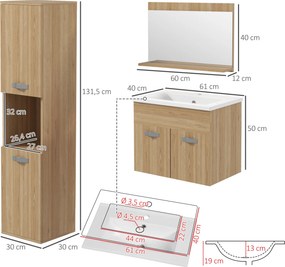 kleankin 3-dílná koupelnová souprava Nábytková skříňka s zrcadlem + Závěsná skříňka pod umyvadlo s keramickým umyvadlem + Sloupová skříňka s nastavit…