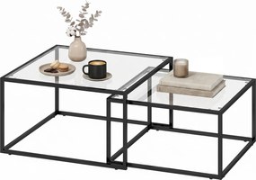 HOMCOM 2dílné čtvercové skládané konferenční stolky s tvrzeným sklem a kovovým rámem, černé — velký 75 x 75 x 42 cm; malý 65 x 65 x 36 cm | Aosom