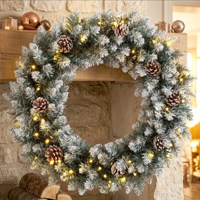 HOMCOM Vánoční věnec 60 cm Osvětlený věnec na dveře s 50 LED Šišky Umělý sníh na Vánoce Adventní dveře