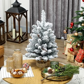 HOMCOM Mini umělý vánoční stromek 60 cm, smrkový stromek umělý se sněhem, 72 větviček, 6 šišek, cementová základna