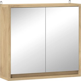 HOMCOM Koupelnová skříňka se zrcadlem, 2 dveřmi a nastavitelnou policí, závěsná koupelnová skříňka pro moderní koupelnu 48x14,5x45 cm, přirodní dřevo