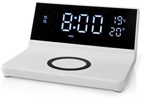 Nedis WCACQ20WT - Budík s LCD displejem a bezdrátovou nabíječkou 15W/230V bílá NE0550