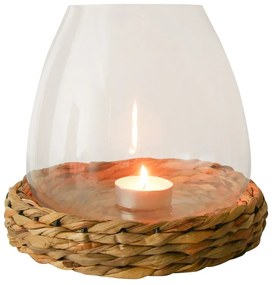 Skleněný svícen/ váza Avril s pleteným podnosem z vodního hyacintu - Ø 26*23cm