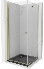 Mexen Pretoria sprchový kout s otočnými dveřmi 70 x 70 cm, průhledné, Zlatá+ vanička do sprchového kouta Flat, Černá - 852-070-0