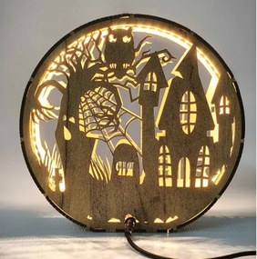 Dřevěná LED lampa Halloween - Strašidelný dům se sovou | SENTOP LED0619