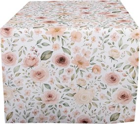 Bílý bavlněný běhoun s růžemi Soft Romantic Blush - 50*140 cm