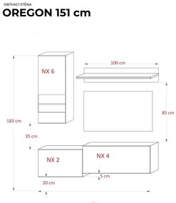 Ral Obývací stěna OREGON 3, 151 cm - Bílo/černý lesk