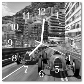 Nástenné skleněné hodiny Závodní auta 30x30 cm