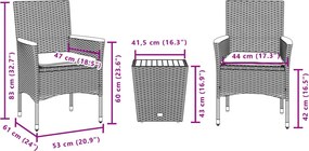 3dílný bistro set s poduškami šedý polyratan a sklo 3278746