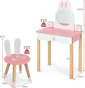 Costway Dětský toaletní stolek s taburetem Princess růžová + – 60 × 34 × 103 cm