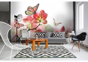 DIMEX | Samolepicí vliesová fototapeta na zeď Motýli a orchideje MA-5-0146 | 375 x 250 cm | vícebarevná, bílá