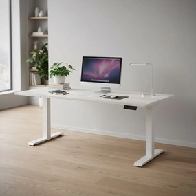 Výškově nastavitelný stůl OfficeTech D, 180 x 80 cm, bílá podnož, bílý jasan