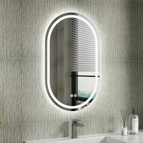 Erga Lyra, oválné LED zrcadlo 50x80cm, 3 barvy světla, přední a zadní osvětlení, vyhřívací podložka proti zapaření, ERG-V01-Lyra-5080-CL