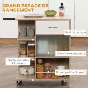 HOMCOM Kuchyňský vozík, Servírovací vozík, 360° otočná kola, Police s ochrannými zábradlími, Kuchyňský centrální ostrov, s šuplíkem, policemi, skříňk…