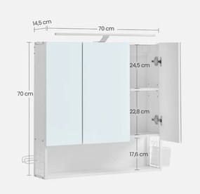 Bílá koupelnová skříňka se zrcadly a LED světlem 70 × 70 cm