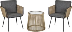Outdoorová zahradní souprava Outsunny Poly Rattan, nábytek na balkon pro 2 osoby, 3-dílná zahradní souprava se 2 židlemi a stolem, polstry na sezení,