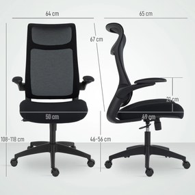 HOMCOM Ergonomická kancelářská židle se 3D opěrkami rukou, síťovaným opěradlem, S-formovaným opěradlem, opěrkou hlavy, funkcí naklápění, černá