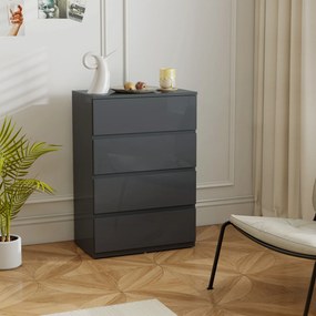 HOMCOM komoda se 4 zásuvkami, vysoce lesklý úložný nábytek, soft-close, 55 x 34 x 80 cm, šedá