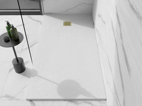 Mexen Stone+, obdélníková vanička z minerálního kompozitu 200 x 90 cm, bílá, zlatá lesklá krytka, 44109020-G