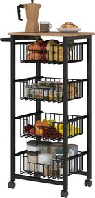 HOMCOM Kuchyňský vozík s pracovním stolem, 4 výsuvné ocelové koše, pojízdný vozík do kanceláře, 49,5 x 31 x 91 cm, Dub | Aosom