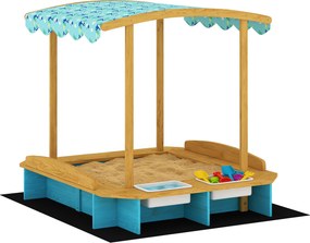 AIYAPLAY Dřevěné pískoviště se střechou, 3 lavice, 2 PP boxy, podklad pro děti 3-6 let, 128x118x121 cm, modrá