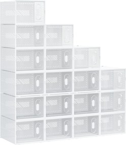 HOMCOM Sada 18 Regalů na Boty, Organizér na Boty s Magnetickými Dveřmi, Box na Boty s Víkem, Plastové Úložiště pro Boty až do Velikosti 45, Průhledný
