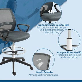 Vinsetto Kancelářská židle ergonomická židle ke stolu s područky a nastavitelným opěrným kroužkem, síťovina šedá