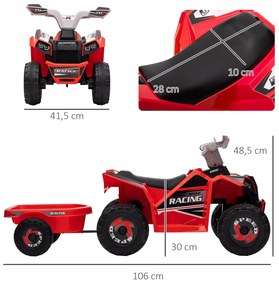 HOMCOM Prodám elektrickou čtyřkolku, s přívěsem, rychlost vpřed a vzad, oděruvzdorná kola, kovová, pro 1,5-3 roky, nosnost 25 kg, červená| Aosom
