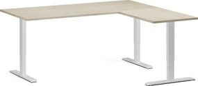 Rohový výškově nastavitelný stůl, 180x160 cm, 3 motory, L/P, bílá podnož, dub přírodní