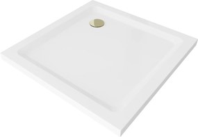 Mexen SLIM - Čtvercová sprchová vanička 100x100x5cm + zlatý sifon, bílá, 40101010G