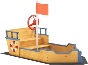 Dětský pískoviště pirátská loď Outsunny - se stožárem a červenou vlajkou, 2 schody a úložným prostorem - Žluté dřevo jedle a netkaná textilie