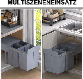 Mülleimer-Konstruktion mit 3 Abfalleimern zur Mülltrennung, Schienensystem, einbaubar, 3er-Set Müllbehälter, Grau