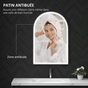 HOMCOM Zrcadlo do koupelny 90 x 60 cm, zakřivené nástěnné zrcadlo s LED osvětlením, nastavitelným trojbarevným světlem, funkcí proti zamlžování, pamět