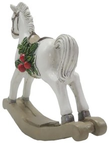 Dekorativní figurka bílý houpací koník s cesmínou – 11 cm cm