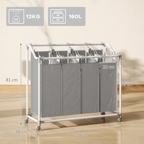 HOMCOM Koš na prádlo se 4 přihrádkami 160 L sběrač prádla s koly, vyjímatelný pytel na prádlo, 97 x 38 x 81 cm, šedá