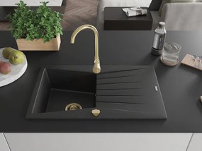 Mexen Cesar, granitový dřez 775x470x190 mm, 1-komorový, černá-stříbrná metalíza se zlatým sifonem, 6514771010-73-G