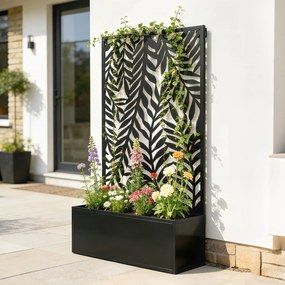 Truhlík na květináče s ochrannou mříží Truhlík na květináče s mříží s motivy tropických listů 61 x 23 x 113 cm Černá barva