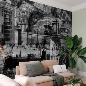 Fototapeta Londýn - černobílý kolaž s prvky architektury a motorizace