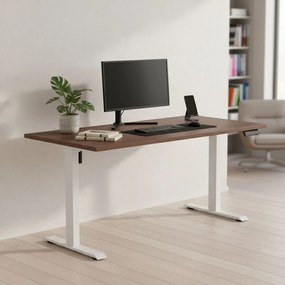 Výškově nastavitelný stůl OfficeTech B, 160 x 80 cm, bílá podnož, ořech