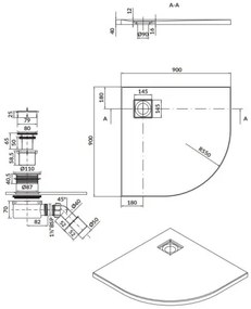 Cersanit Tako Slim, čtvrtkruhová akrylátová sprchová vanička 90x90x4 cm + černý sifon, černá, S932-164