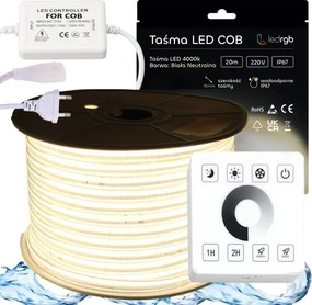 Set Led pásek Cob 230V 20m 4000K Bílý Neutrální Napájecí Zdroj Dálkový Ovladač Ster Rf